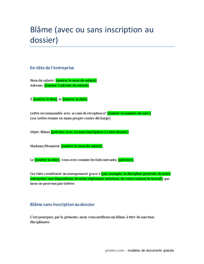Blâme - avec ou sans inscription audossier - DOC, PDF - page 1 sur 2