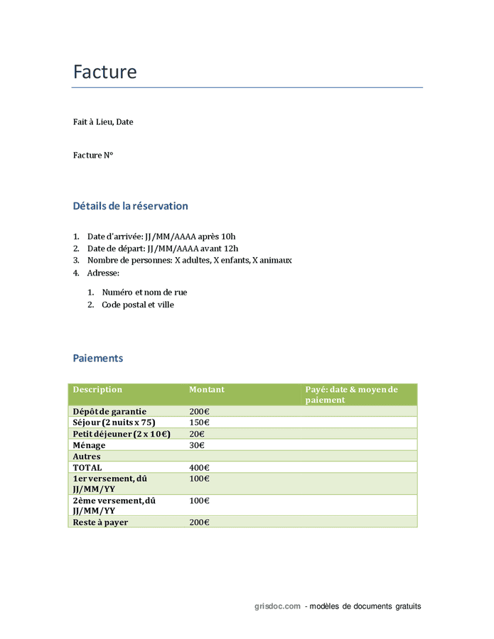 Facture sejour location saisonniere - DOC, PDF - page 1 sur 2