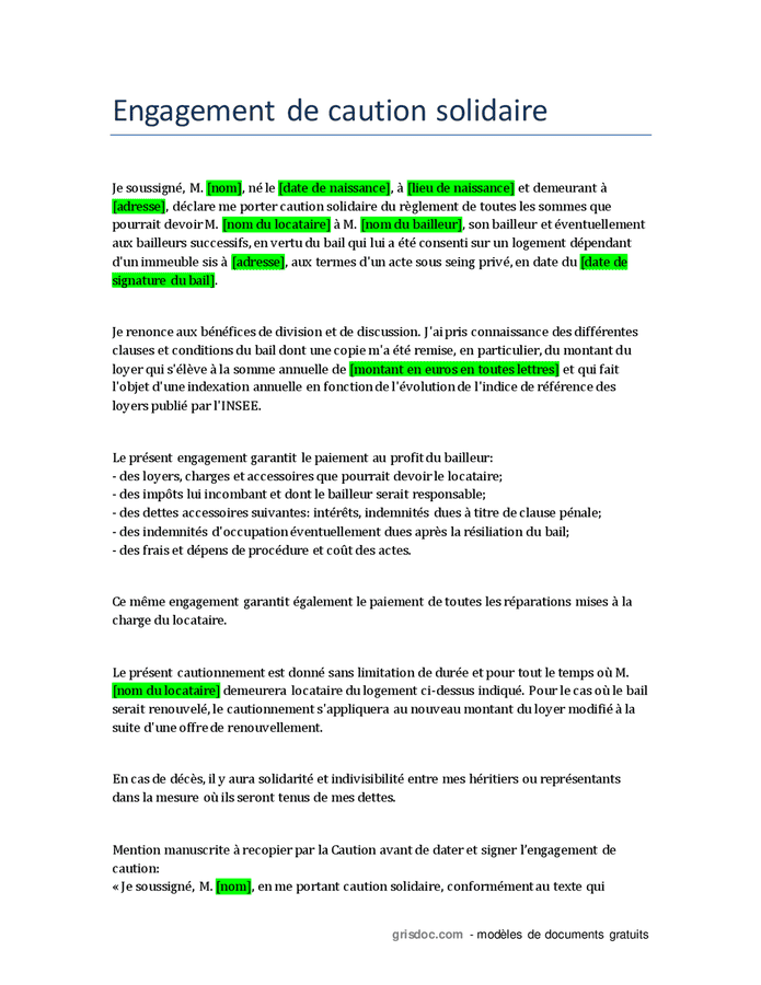 Engagement de caution solidaire - DOC, PDF - page 1 sur 2