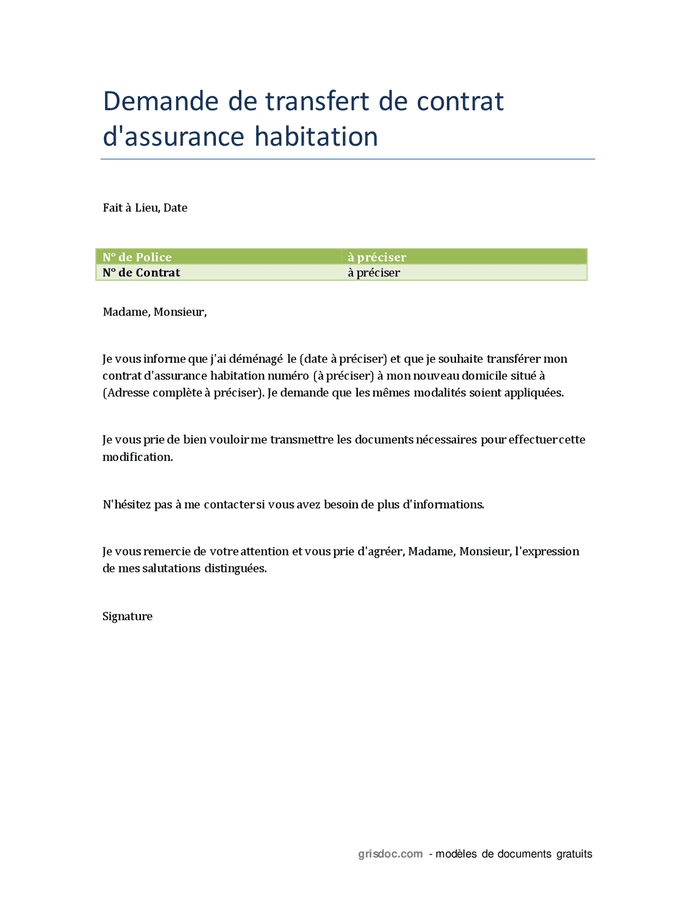 Demande de transfert de contrat d'assurance habitation - DOC, PDF ...