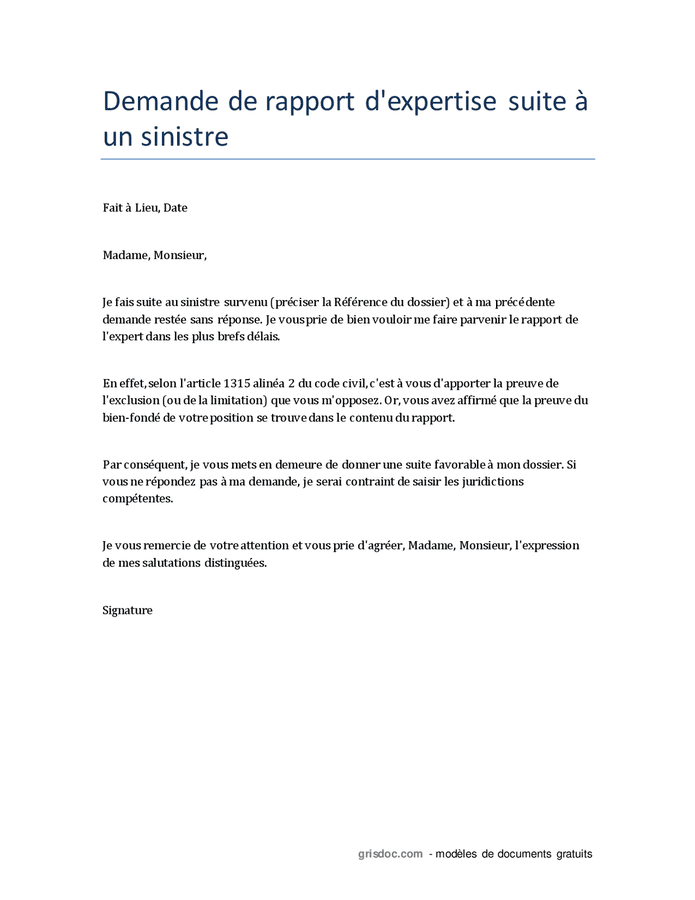 Demande de rapport d'expertise suite à un sinistre - DOC, PDF - page 1 ...