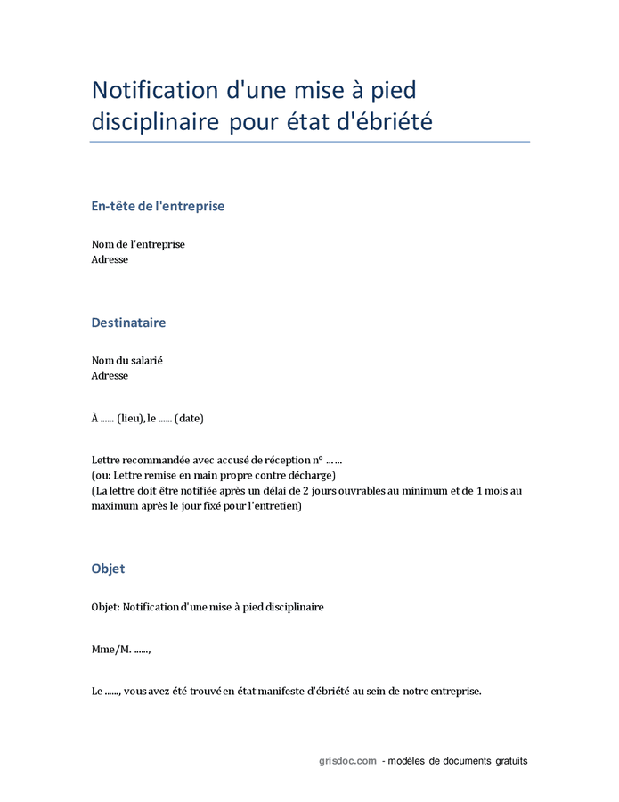 Notification d'une mise à pied disciplinaire pour état d'ébriété - DOC, PDF - page 1 sur 2