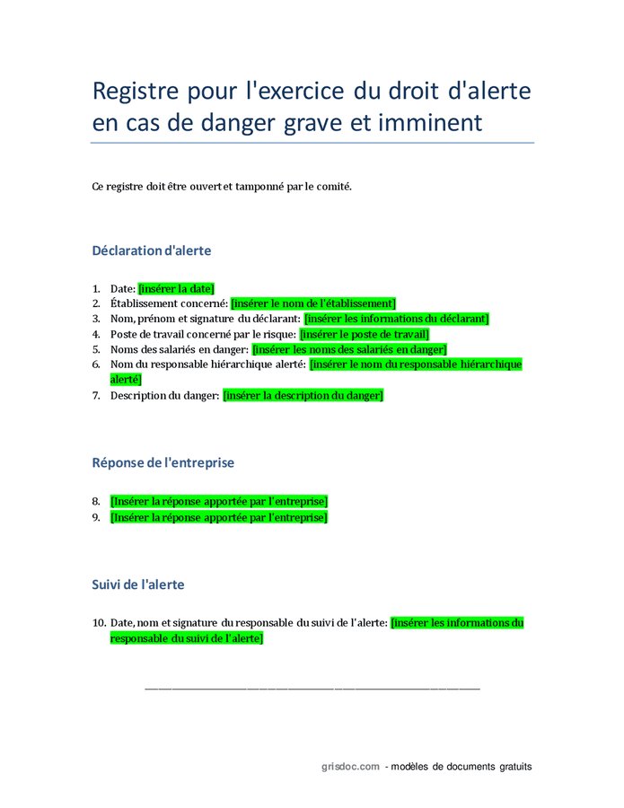 Registre d'alerte danger imminent - DOC, PDF - page 1 sur 3
