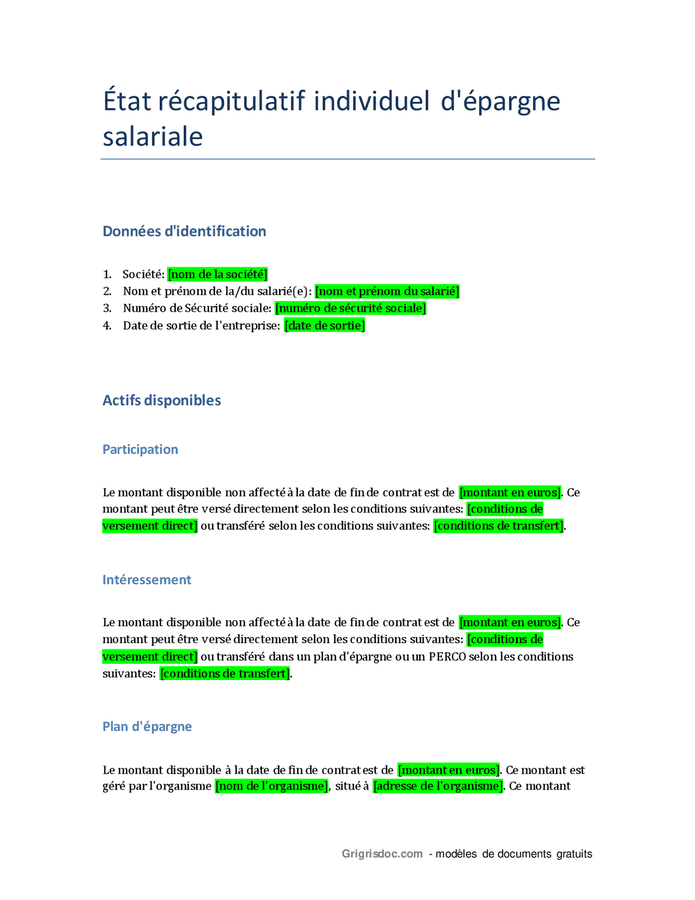 État récapitulatif individuel d'épargne salariale - DOC, PDF - page 1 sur 3