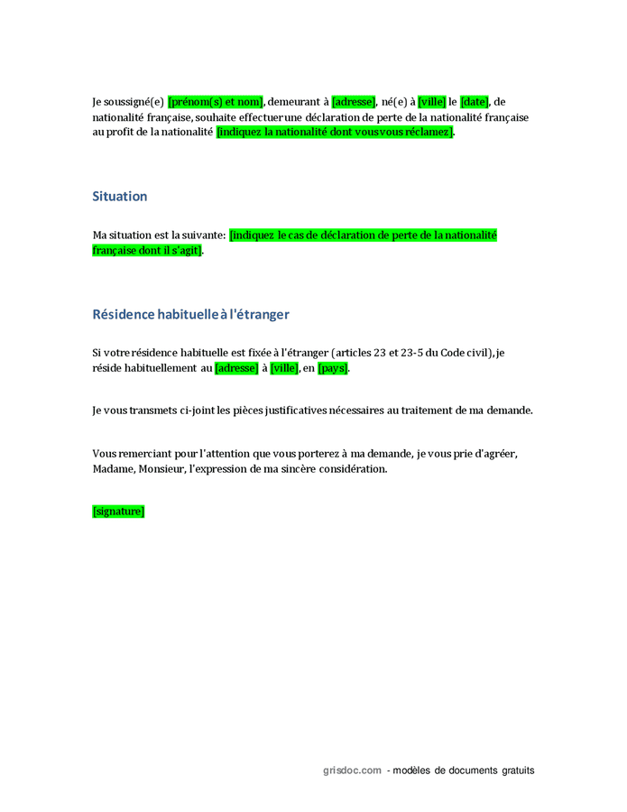Déclaration de perte de nationalité française - DOC, PDF - page 2 sur 2