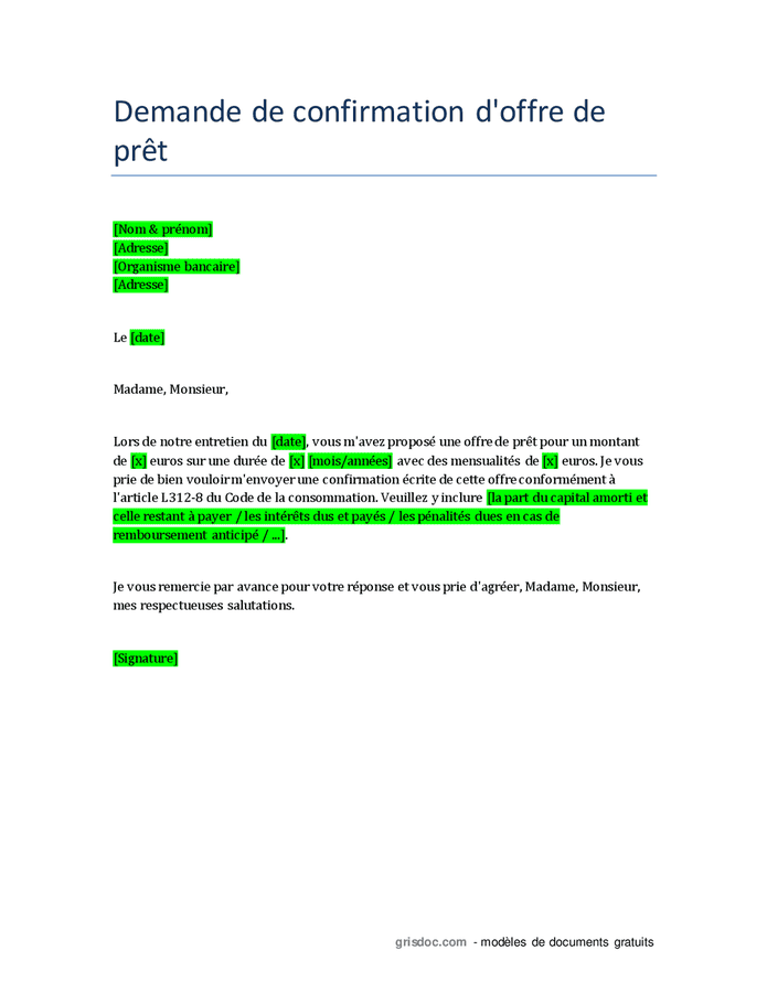 Demande de confirmation d'offre de prêt - DOC, PDF - page 1 sur 1