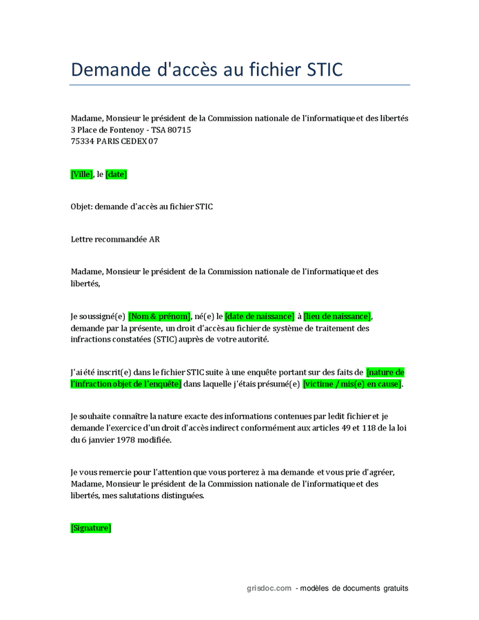 Demande d'accès au fichier STIC - DOC, PDF - page 1 sur 1