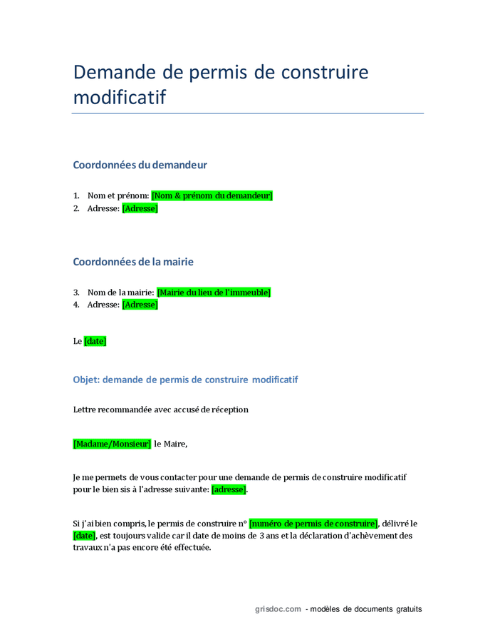 Demande de permis de construire modificatif - DOC, PDF - page 1 sur 2