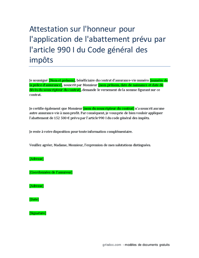 Attestation sur l'honneur pour abattement sur capitaux décès - DOC, PDF ...