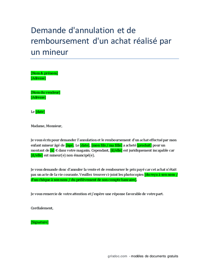 Demande d'annulation et de remboursement d'un achat important réalisé ...