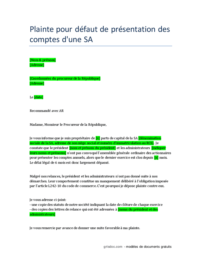 Lettre type plainte - téléchargement gratuit documents PDF, Word et Excel