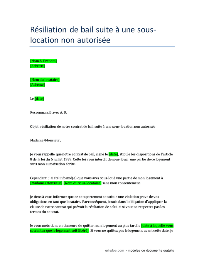 Résiliation du bail suite à une sous-location non autorisée - DOC, PDF ...