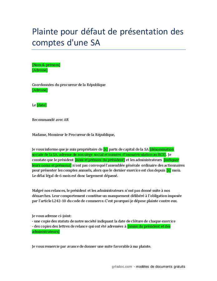 Lettre type plainte - téléchargement gratuit documents PDF, Word et Excel