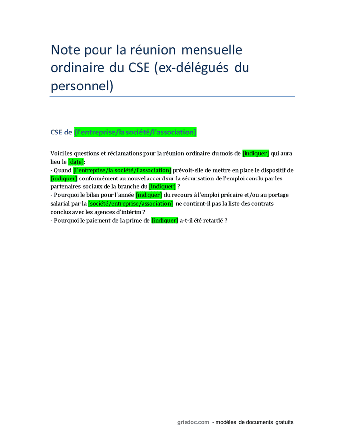 Note écrite des membres du CSE pour réunion mensuelle - DOC, PDF - page ...