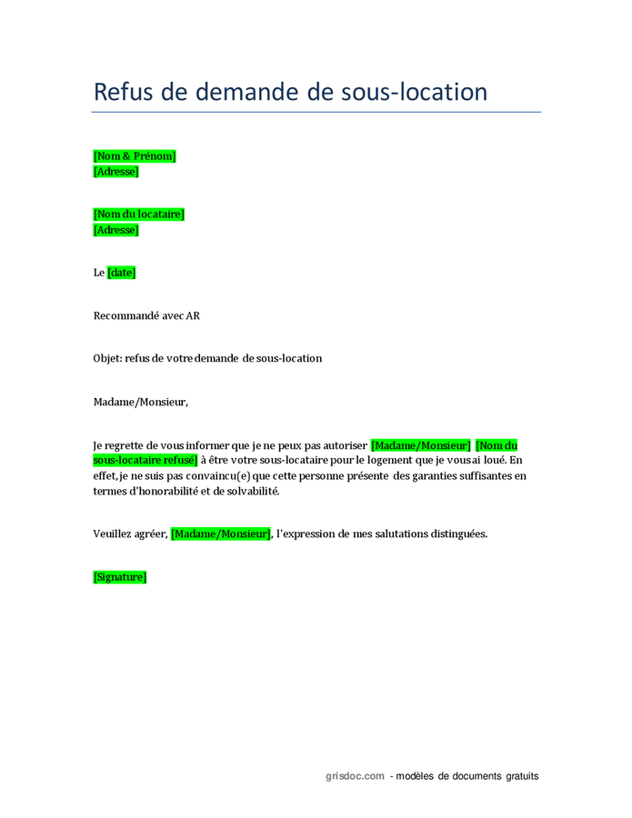 Refus de demande de sous-location - DOC, PDF - page 1 sur 1 Refus de demande de sous-location - DOC, PDF - page 1 sur 1