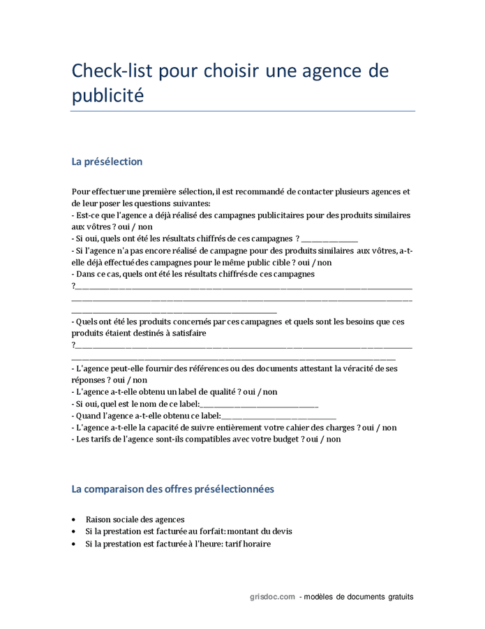 Liste de vérification pour le choix d'une agence de publicité - DOC ... Liste de vérification pour le choix d'une agence de publicité - DOC ...