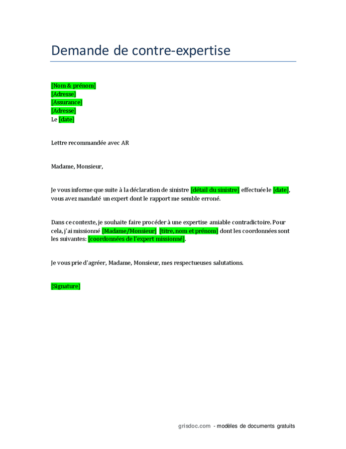 Demande de contre-expertise auprès de l'assurance - DOC, PDF - page 1 sur 1 Demande de contre-expertise auprès de l'assurance - DOC, PDF - page 1 sur 1