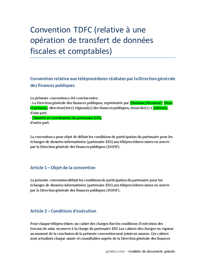 Modèle de convention TDFC - DOC, PDF - page 1 sur 4
