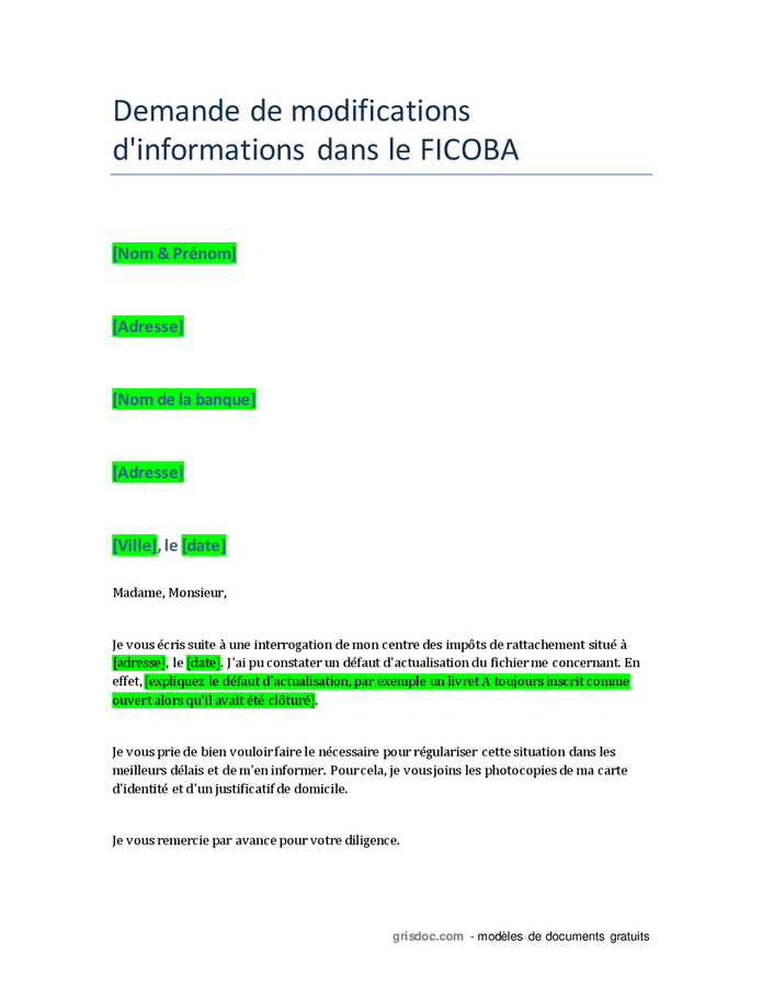 Demande de modification d'informations dans le FICOBA - DOC, PDF - page ...
