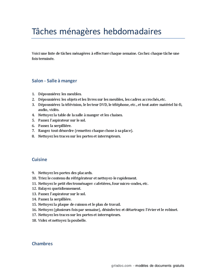 Liste de contrôle pour bien faire le ménage - DOC, PDF - page 1 sur 2