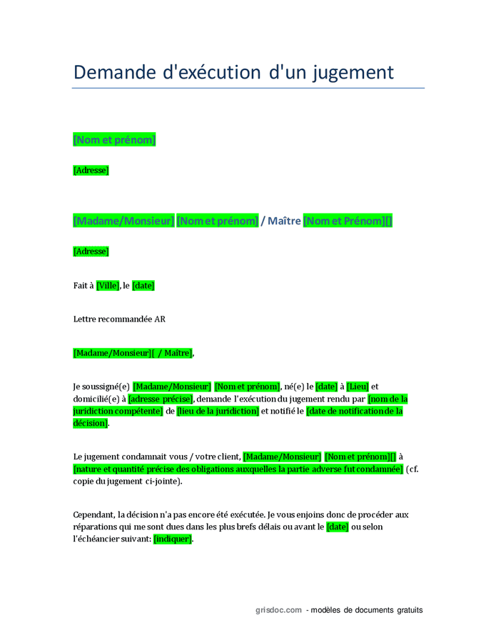 Demande D Exécution D Un Jugement Doc Pdf Page 1 Sur 2
