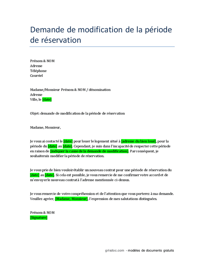 Demande de modification de réservation d'hébergement saisonnier - DOC ...