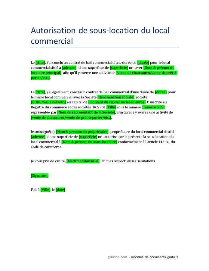 Acceptation d'une sous-location d'un local commercial - DOC, PDF - page ... Acceptation d'une sous-location d'un local commercial - DOC, PDF - page ...