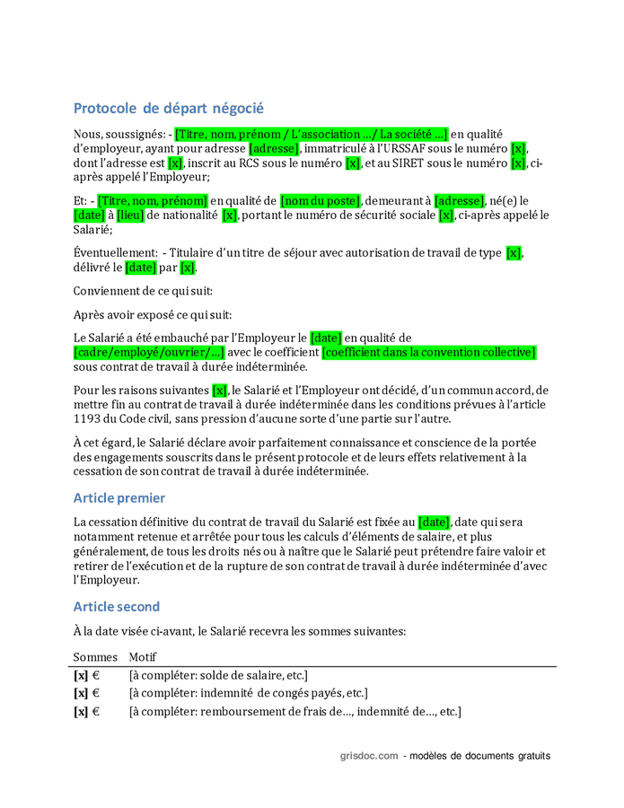 Protocole de départ négocié CDI - DOC, PDF - page 1 sur 2