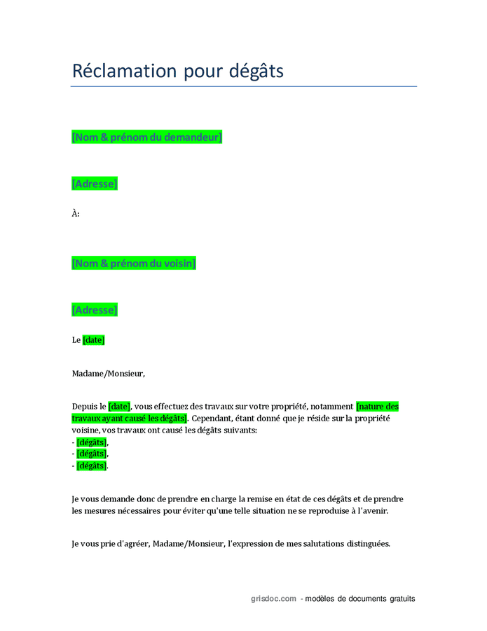 Réclamation Pour Dégâts Doc Pdf Page 1 Sur 2