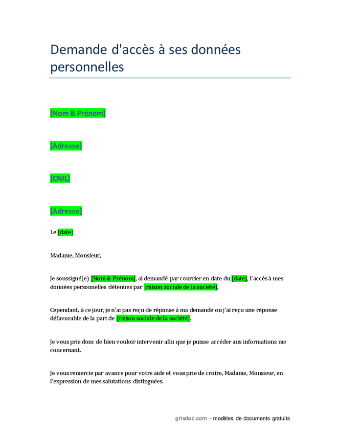 Demande d'accès à ses données personnelles - DOC, PDF - page 1 sur 2 Demande d'accès à ses données personnelles - DOC, PDF - page 1 sur 2