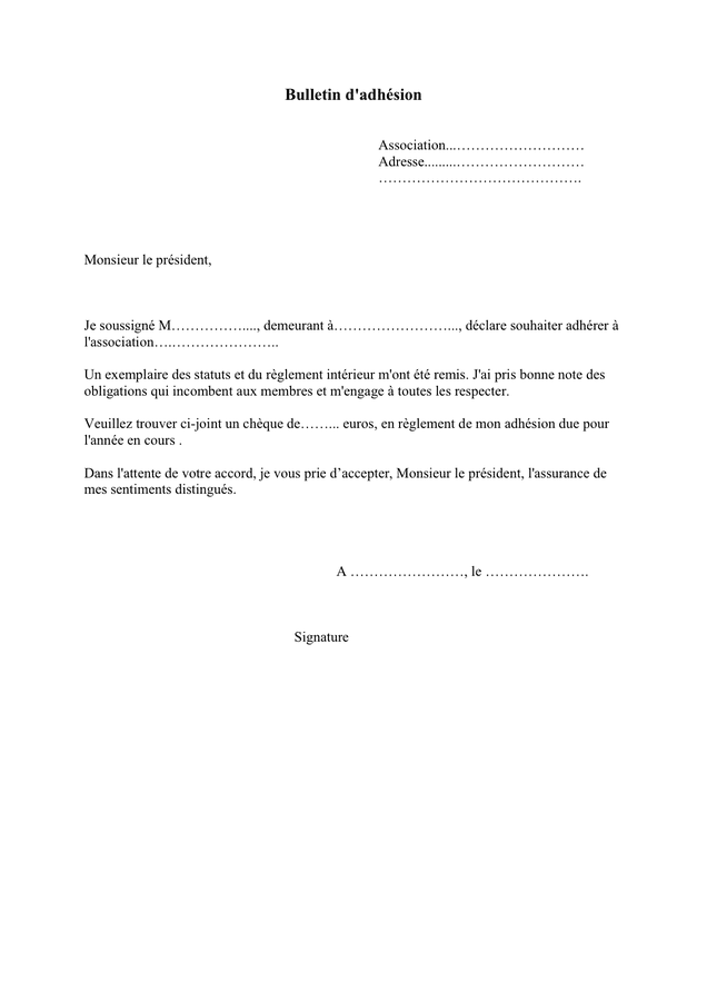 Exemple de bulletin d'adhésion - DOC, PDF - page 1 sur 1
