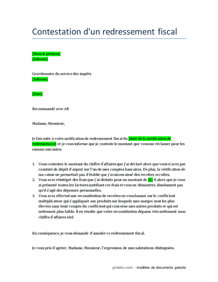Contestation d'un redressement fiscal - DOC, PDF - page 1 sur 2