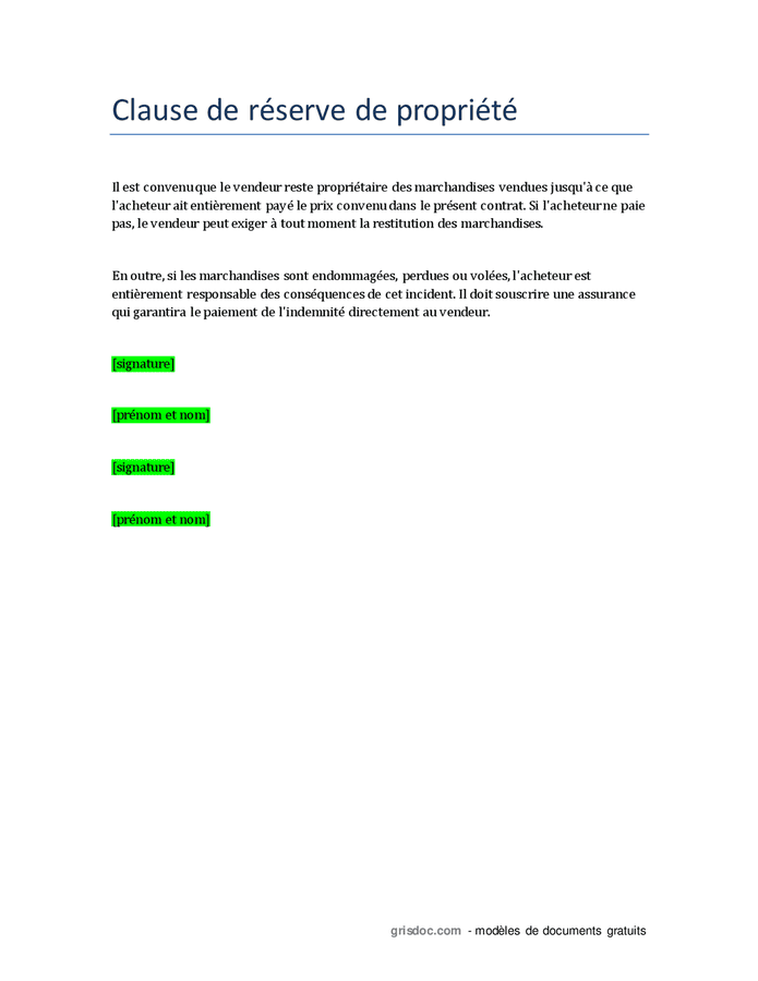 Clause de réserve de propriété - DOC, PDF - page 1 sur 1