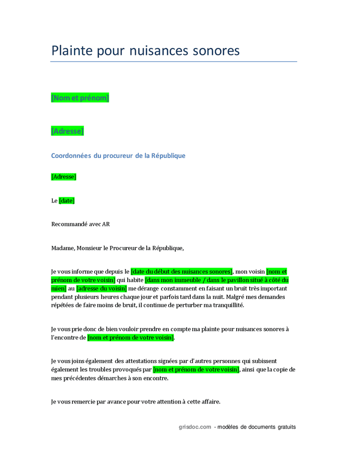 Plainte pour nuisances sonores - DOC, PDF - page 1 sur 2
