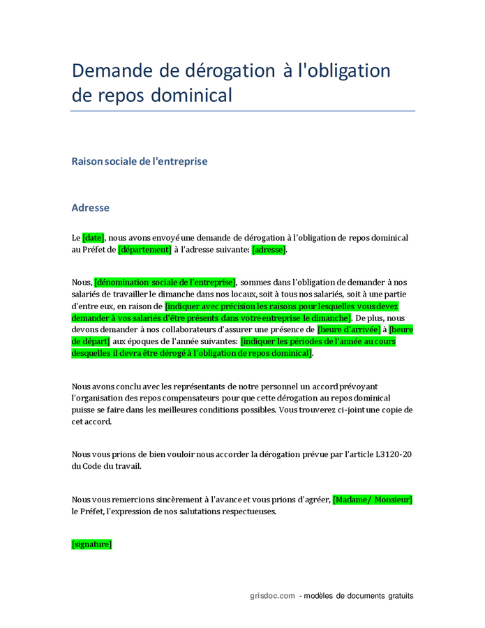 Demande de dérogation à l'obligation de repos dominical - DOC, PDF - page 1 sur 2