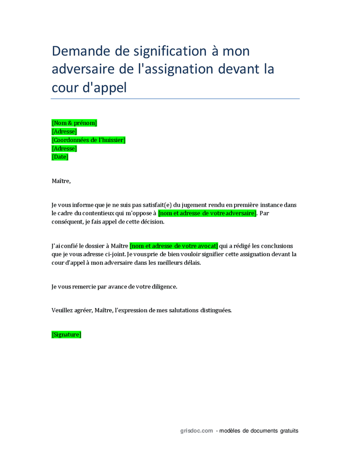 Demande de signification à mon adversaire de l'assignation devant la ...