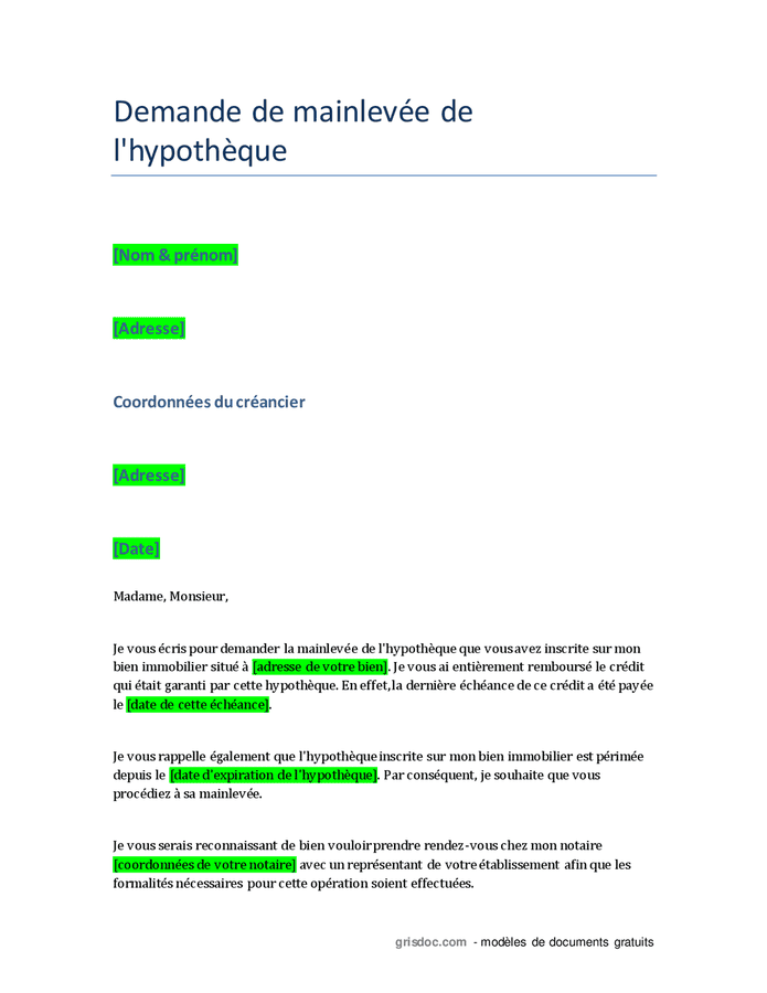 Demande de mainlevée de l'hypothèque - DOC, PDF - page 1 sur 2
