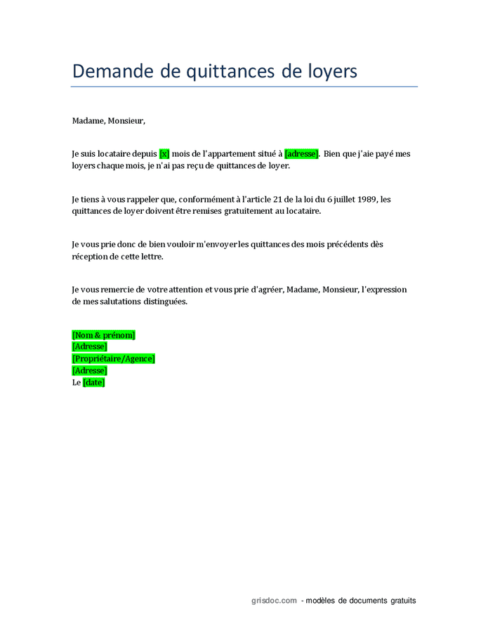 Demande de quittances de loyers - DOC, PDF - page 1 sur 1
