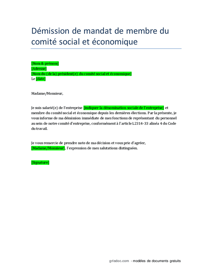 Lettre De Démission Cse