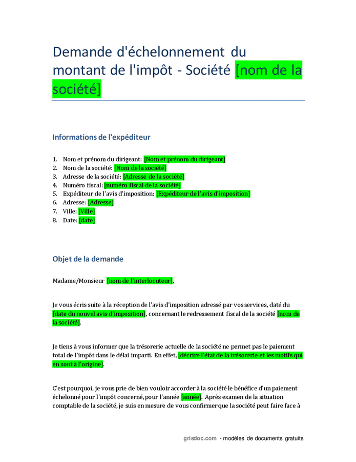 Demande d'echelonnement du montant de l'impot suite a un redressement ...