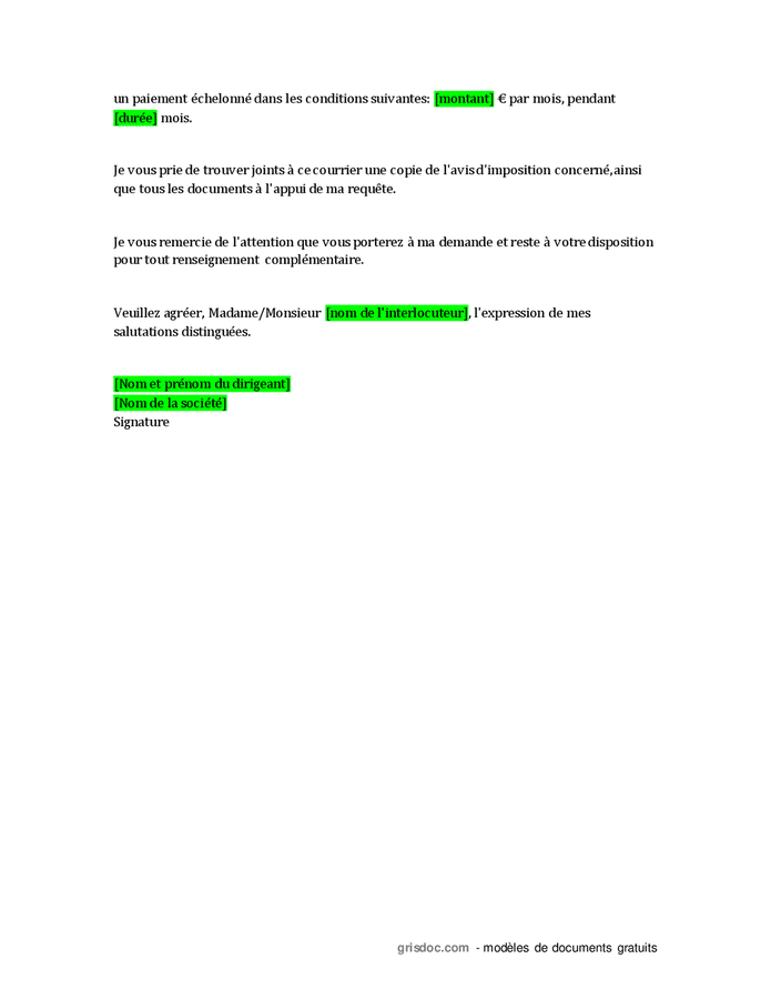 Demande d'echelonnement du montant de l'impot suite a un redressement ...