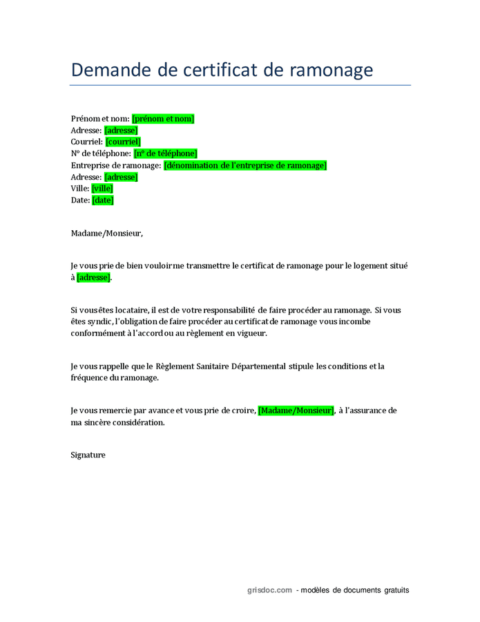 Demande de certificat de ramonage - DOC, PDF - page 1 sur 1