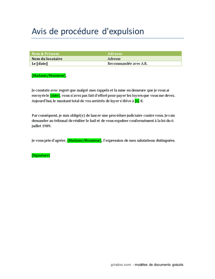 Avis de procédure d'expulsion - DOC, PDF - page 1 sur 1