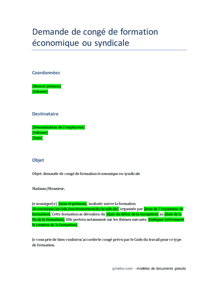 Demande de congé de formation économique ou syndicale - DOC, PDF - page ...