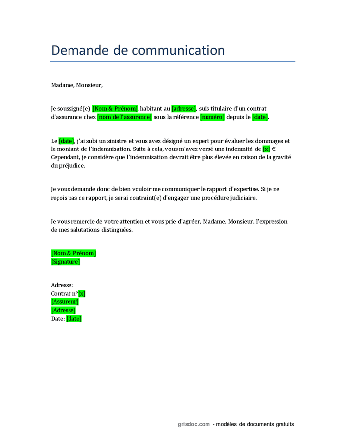 Demande de communication d'un rapport dexpertise assurance - DOC, PDF ...