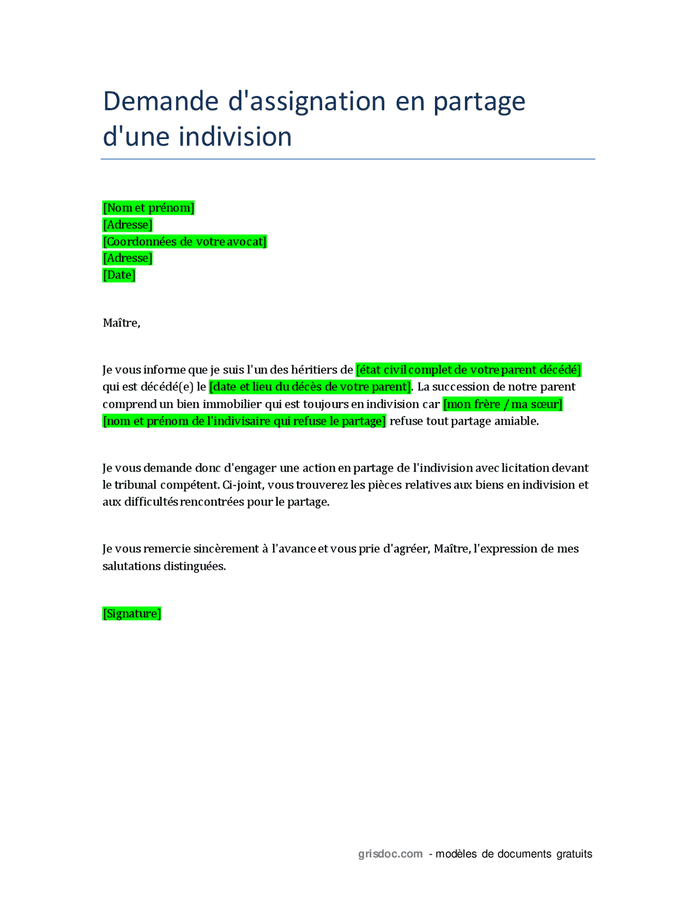 Demande d'assignation en partage d'une indivision - DOC, PDF - page 1 sur 1 Demande d'assignation en partage d'une indivision - DOC, PDF - page 1 sur 1