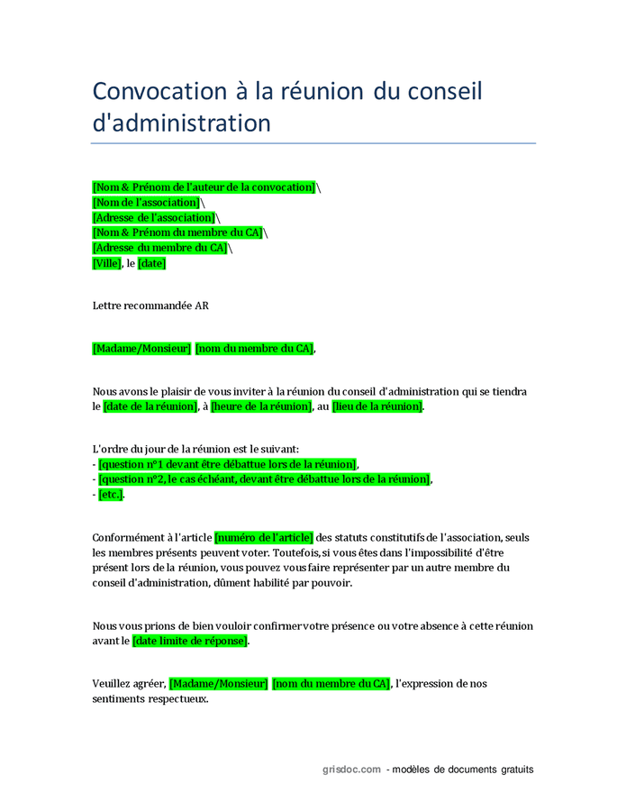 Convocation à la réunion du conseil d'administration - DOC, PDF - page 1 sur 2