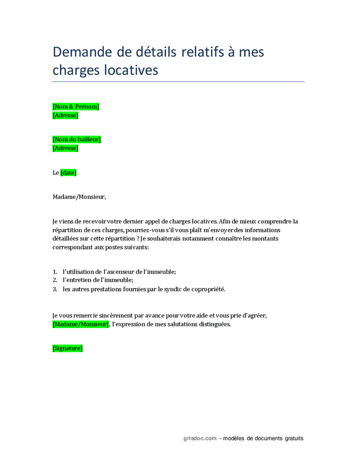 Demande de detail des charges locatives - DOC, PDF - page 1 sur 1