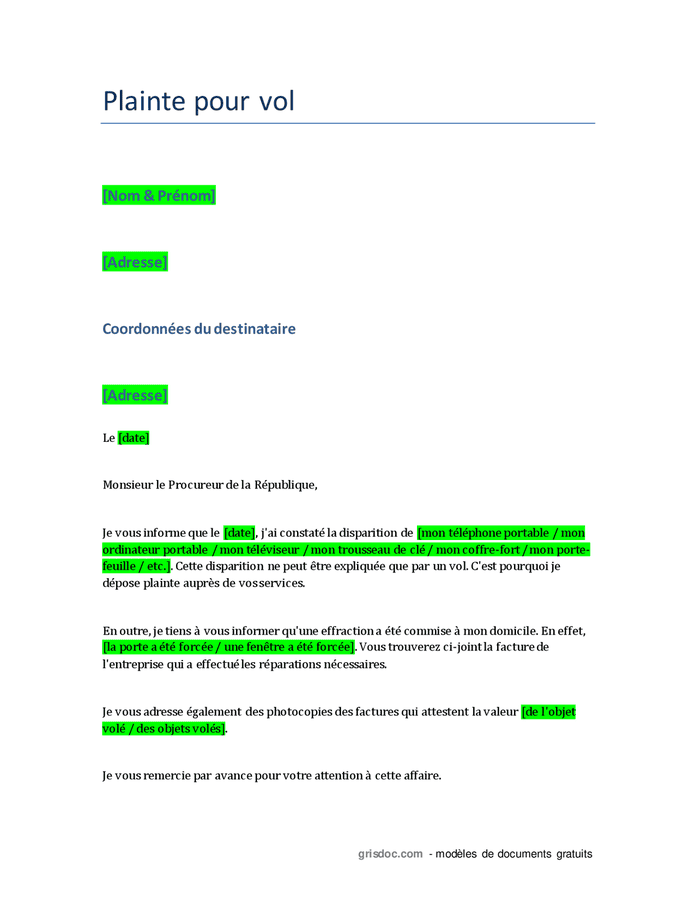 Plainte pour vol - DOC, PDF - page 1 sur 2