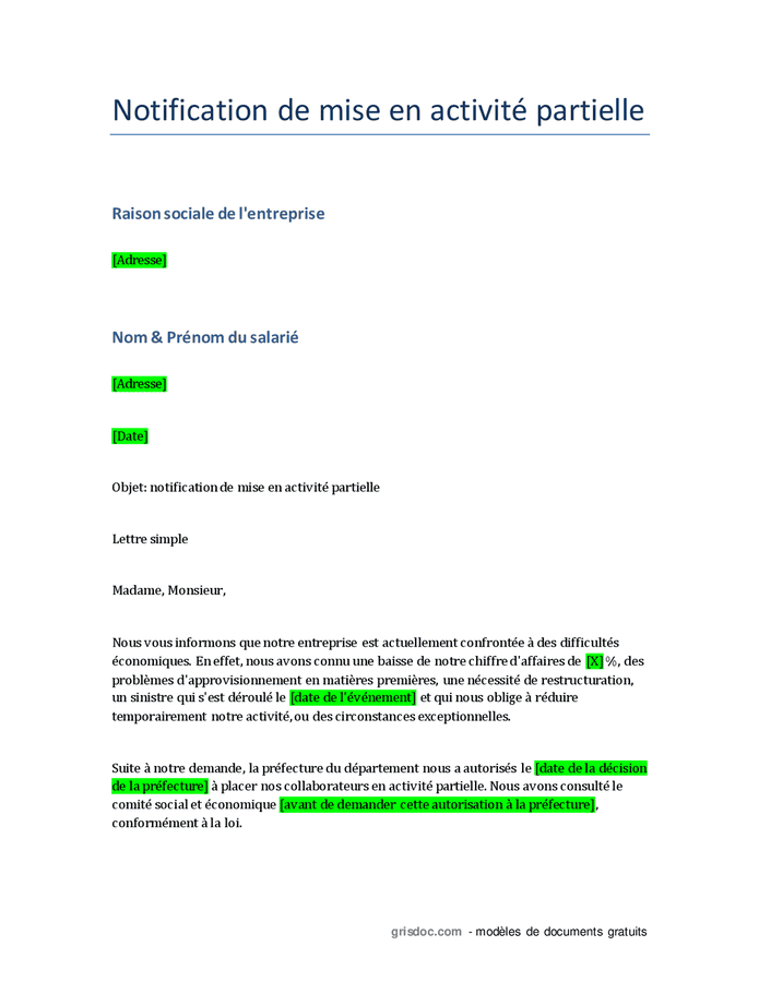 Notification de mise en activité partielle - DOC, PDF - page 1 sur 2